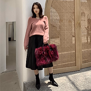 KAISHIN Women Full-pelt Fox Fur Shoulder Bags Ladies Genuine Cowhide Hard Handle Extra Large Handbags Rose