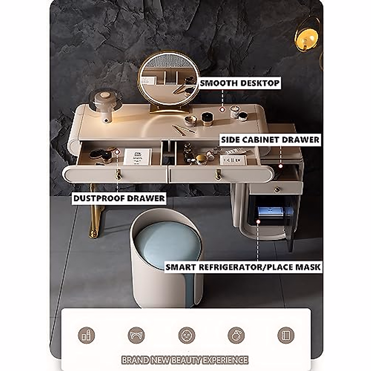 ZGNBSD Luxury Vanity - Makeup Table Vanity Table with Beauty Refrigerator, Vanity Set, Includes Makeup Mirror and Chair, Bedroom Vanity, for Her