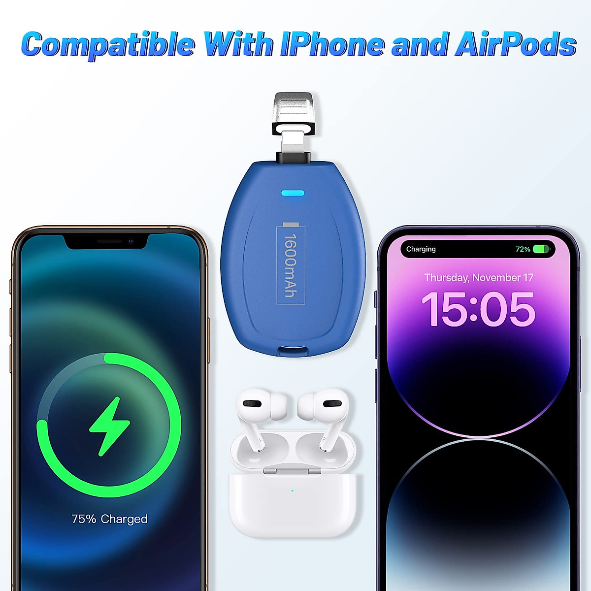 Keychain Portable Charger for iPhone, Airpods, 1600mAh Power Emergency Pod Compatible with iPhone 14/14 Plus/14 Pro Max/13/13 Pro Max/12/12 Mini/12 Pro Max/11 Pro/XS Max/XR/X/8/7/6/6S Phones et, Blue