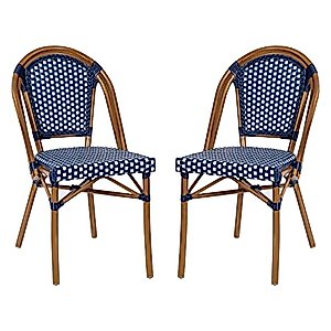 Flash Furniture Bordeaux Set of 2 Indoor/Outdoor Commercial Bistro Stack Chairs - Navy/White PE Rattan Back and Seat - Natural Bamboo Print Aluminum Frame