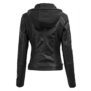 Made By Johnny MBJ WJC1044 Womens Faux Leather Quilted Motorcycle Jacket with Hoodie L BLACK