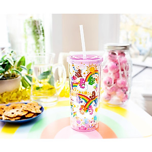 Silver Buffalo Care Bears Rainbow Stars Plastic Carnival Cup, Travel Tumbler With Lid and Reusable Straw | Holds 20 Ounces Yellow