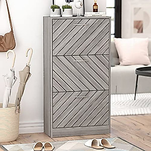 Homsee Modern Shoe Storage Cabinet with 3 Flip Drawers & Twill Louver Doors, Wood 3-Tier Shoe Rack Storage Organizer for Entryway, Hallway & Bedroom, Grey (22.4”L x 9.4”W x 42.3”H)