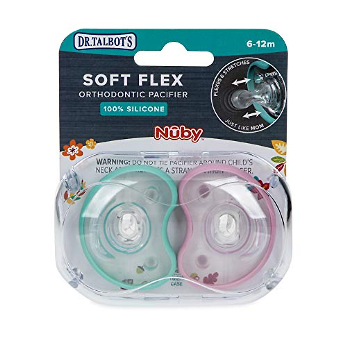 Dr. Talbot's Soft-Flex Orthodontic Pacifiers 6-12 Months, Pink/Aqua, Girl, 2 Count