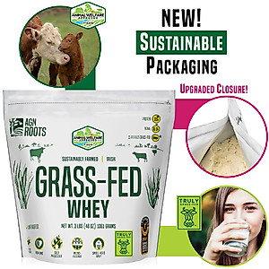 AGN Roots Grass Fed Whey Protein Powder Isolate - Unflavored - Unsweetened - Certified Entire Life On Pasture - A Greener World - ASPCA Registered Brand List - Informed-Sport - 3lbs