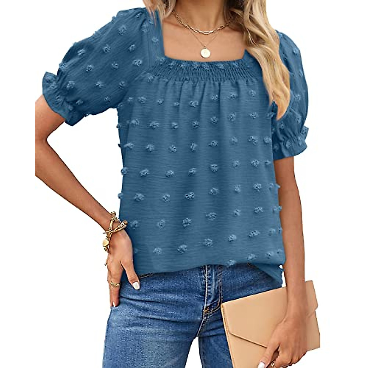 Square Neck Tops for Women Puff Sleeve Blouses for Women Summer Polka Dot Blue S