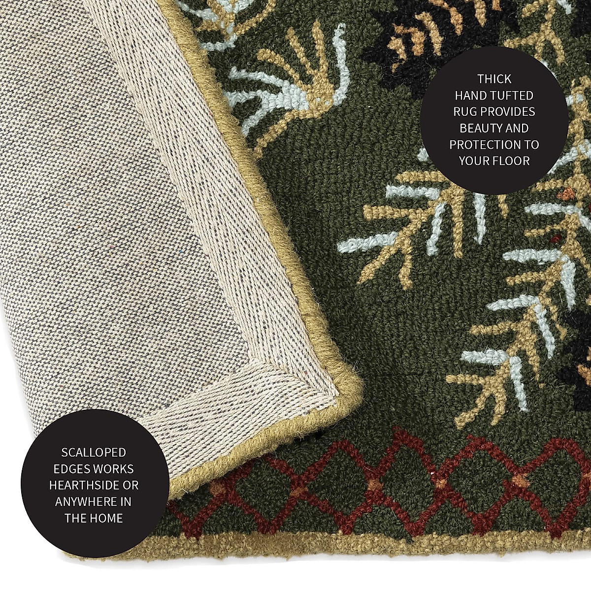 Plow & Hearth 2'x4' Hooked Pine Cone Fireproof Hearth Rug |100% Wool Fireplace Mat | Protect Home Décor Hardwood Floor and Carpet from Sparks and Embers Wood Stove