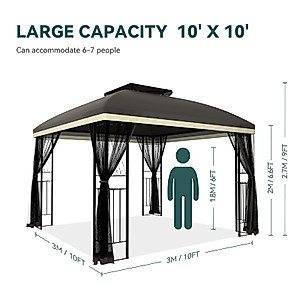 FUNG YARD 10x10 Outdoor Gazebo, Double Roof Patio Gazebo with Mosquito Netting, Sturdy Steel Frame, Sun & Waterproof, Perfect for Backyard, Garden, Party (Brown)