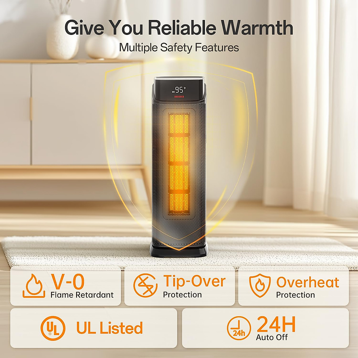 BREEZOME Space Heater Indoor, 1500W PTC Electric Heaters for Home with Thermostat & 90° Oscillating, 24H Timer, Quiet Ceramic Tower Heater, Portable Safety Room Heater with Remote for Bedroom Office