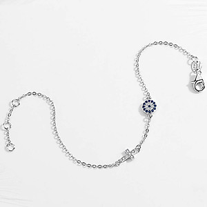 TONGZHE Blue Evil Eye Cross Link Bracelet in Sterling Silver 925 with CZ Adjustable 6.2"/6.6"/7" Cable Chain