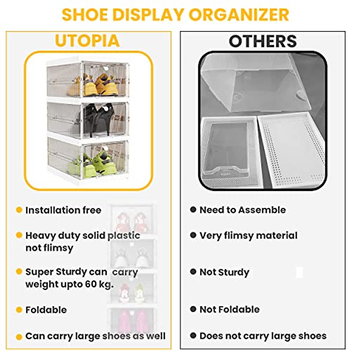 Solid Plastic Not Flimsy 5 Layers Foldable Shoe Storage Boxes or Sneaker Storage Boxes - Easy Installation- All-in-One Clear Shoe Box with Doors - Space Saving Shoe Boxes or Shoe Organizer By Utopia Home