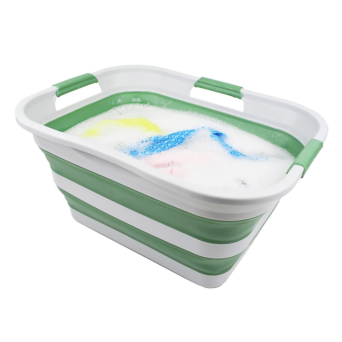 SAMMART 30L(8 gallon) Collapsible Plastic Laundry Basket-Foldable Pop Up Storage Container/Organizer-Portable Washing Tub-Water capacity: 24L(6.3 gallon) (Grey/Dark Sea Green (Set of 2))