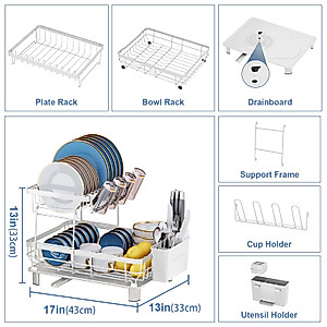 MOUKABAL White Dish Drying Rack- Durable Large Dish Racks for Kitchen Counter, Dish Drainer with Drainboard,Kitchen Organization and Storage for pioneer woman kitchen accessories (2 Tier