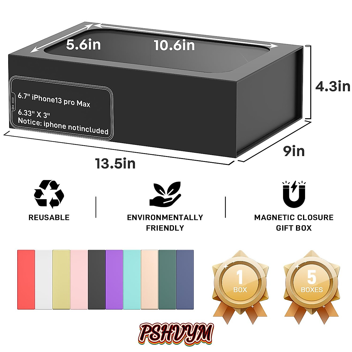 PSHVYM Large Gift Box with Window, 13.5x9x4.3 In Black Gift Box for Presents Magnetic Lids Collapsible for Groomsmen Proposal Box, Birthday, Graduation, Christmas, Contains Card, Ribbon