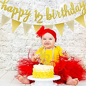 Skylety 51 Pieces 6 Months Birthday Decorations Happy Half Birthday Banner 6 Month Cupcake Topper Pick 1/2 Half Year Cake Topper Triangle Flag Banner Confetti Balloons for Girl Boy Baby Shower (Gold)