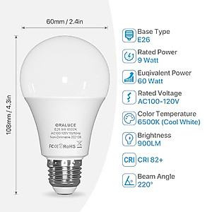 ORALUCE LED Light Bulb, A19 9W Lightbulbs, 60 Watt Equivalent, 120V 900LM, 6500K Cool White, E26 Medium Base, Non Dimmable, Energy Efficient, UL Listed, 6 Pack