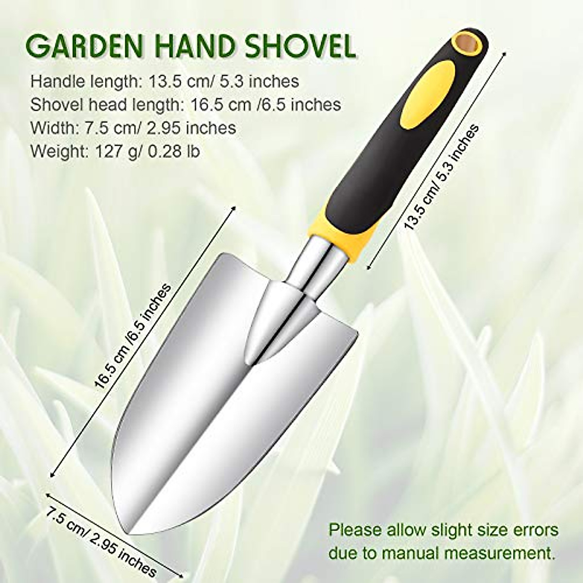 Garden Hand Shovel Garden Trowel Gardening Hand Tools Set with Soft Rubberized Non-Slip Handle Aluminum Alloy Planting Tools for Planting, Transplanting, Weeding, Moving and Smoothing (Yellow, Green)