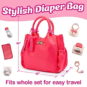 Litti Pritti Baby Doll Accessories Set - 9-Piece Diaper Bag Playset with Baby Doll Diapers, Magic Bottle, Silicone Bib, Wipes, Teether, Changing Pad, and More - Baby Doll Stuff for Ages 3-8 Years