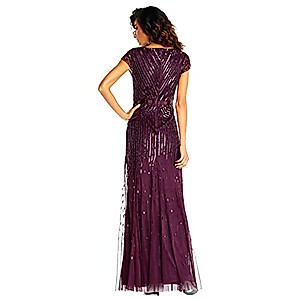 Adrianna Papell Women's Long Beaded V-Neck Dress with Cap Sleeves and Waistband, Cassis, 10