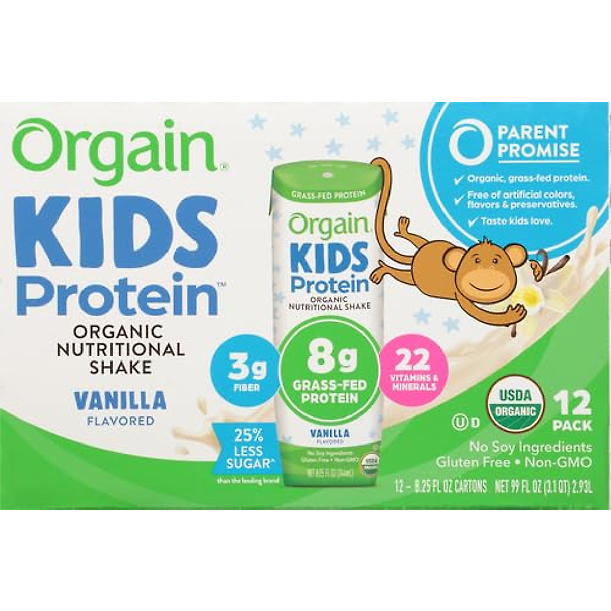 Orgain Organic Kids Nutritional Protein Shake, Vanilla - Kids Snacks with 8g Dairy Protein, 22 Vitamins & Minerals, Fruits & Vegetables, Gluten Free, Soy Free, Non GMO, 8.25 Fl Oz (Pack of 12)