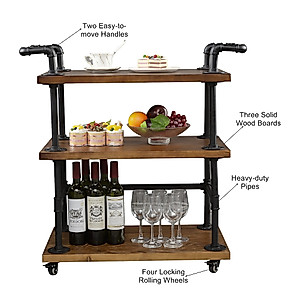 DOFURNILIM Industrial Bar Carts/Serving Carts/Kitchen Carts/Wine Rack Carts on Wheels with Storage - Industrial Rolling Carts - Wine Tea Liquor Shelves/Holder - Solid Wood and Metal Home Furniture