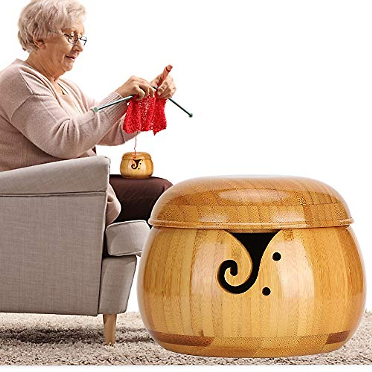 Wooden Yarn Bowl Yarn Storage Bowl with Removable Lid Home Needlework Yarn Holder for Knitting and Crochet Accessories Kit