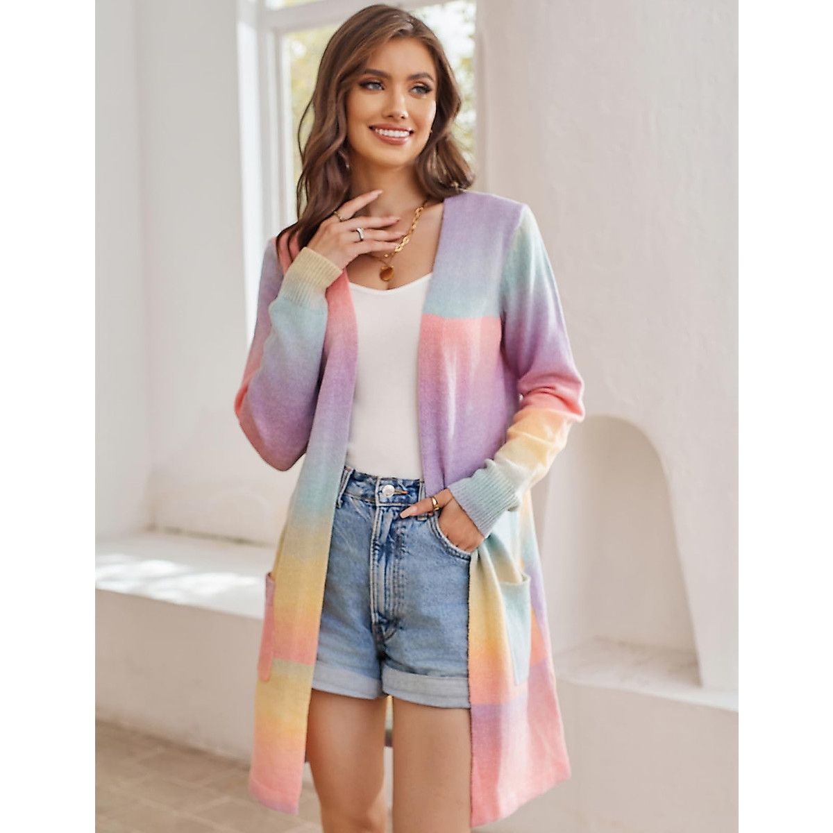 GRACE KARIN Womens Folklore Cardigan Color Block Sweaters(M,Gradient Yellow)