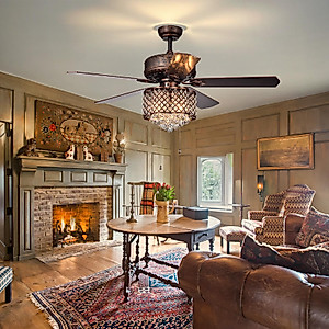 Neatmeat Crystal Ceiling Fans with Lights 52'' Chandelier Ceiling Fan with Pull Chain Control Flush Mount Vintage Bronze Ceiling Fan with 5 Reverse Wood Blades for Bedroom Living Room Dining Room