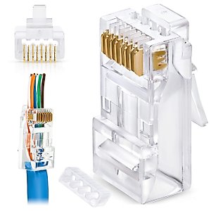 GTZ RJ45 Cat6/6a Pass Through Connectors for a Thick 23 AWG Large Diameter UTP Network Cable, 100 Pcs | Insert Guides Included