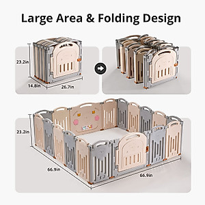 UANLAUO Baby Fence, Foldable Playpen, 18 Panel Extra Large Playpen for Babies Toddlers Infant, Safety Material Portable Play Yards with Gate, NO Gaps Play Area Indoor Outdoor Use, Grey+Cream
