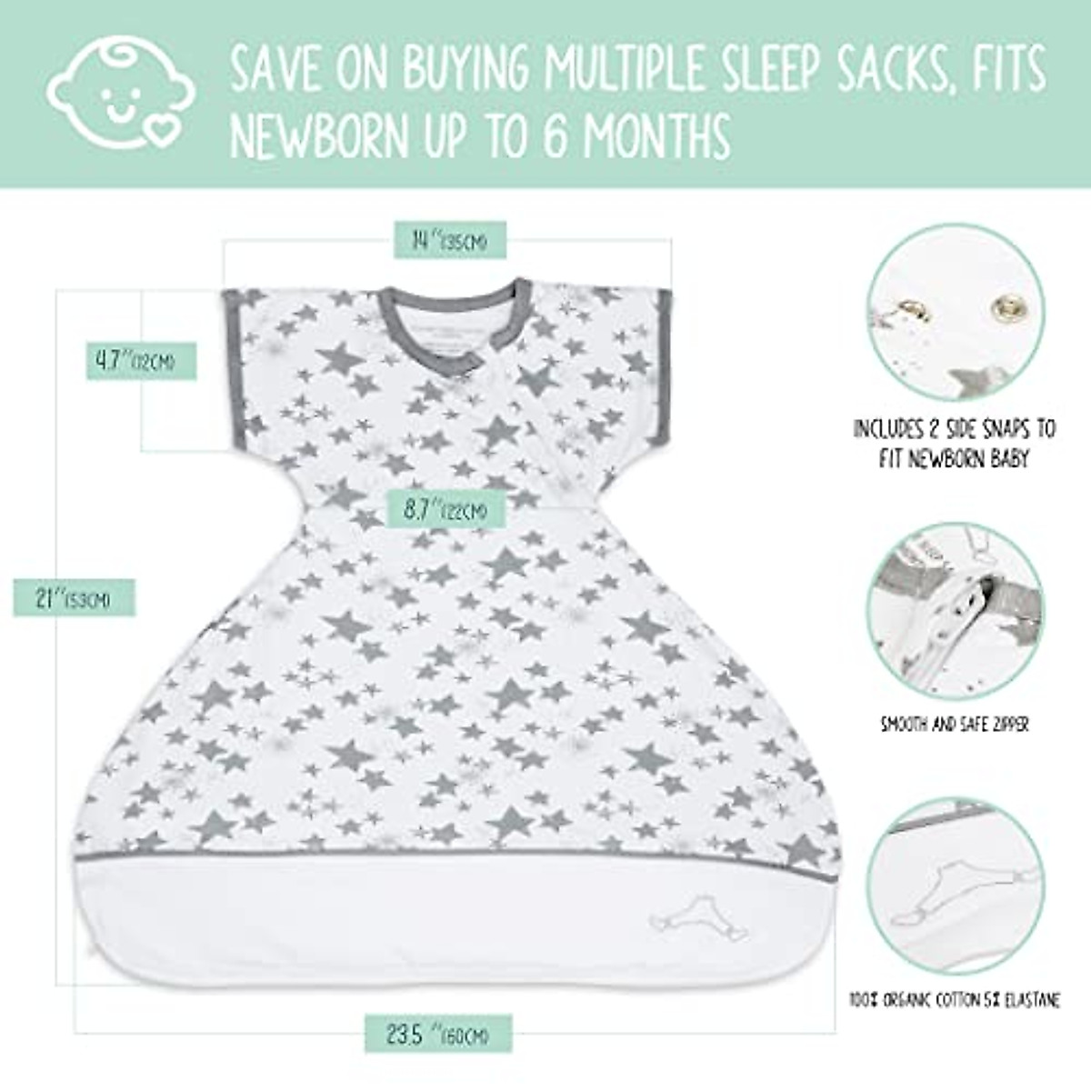 Swaddle Sack with Arms Up, Allows Babies Hips to Move Freely, fits Newborn Babies 0-6 Months, 8-18 lbs, Arms in/Out Transition Swaddle Sack, Baby Sleep Sack, Organic Cotton