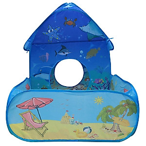 Vokodo Kids Pop Up Tent with Play Pen Area Beach Marine Animal Theme Folding Indoor Outdoor Playhouse Tunnel Pretend Imagination Creative Learning Toy Gift for Preschool Children Boys Girls Toddlers