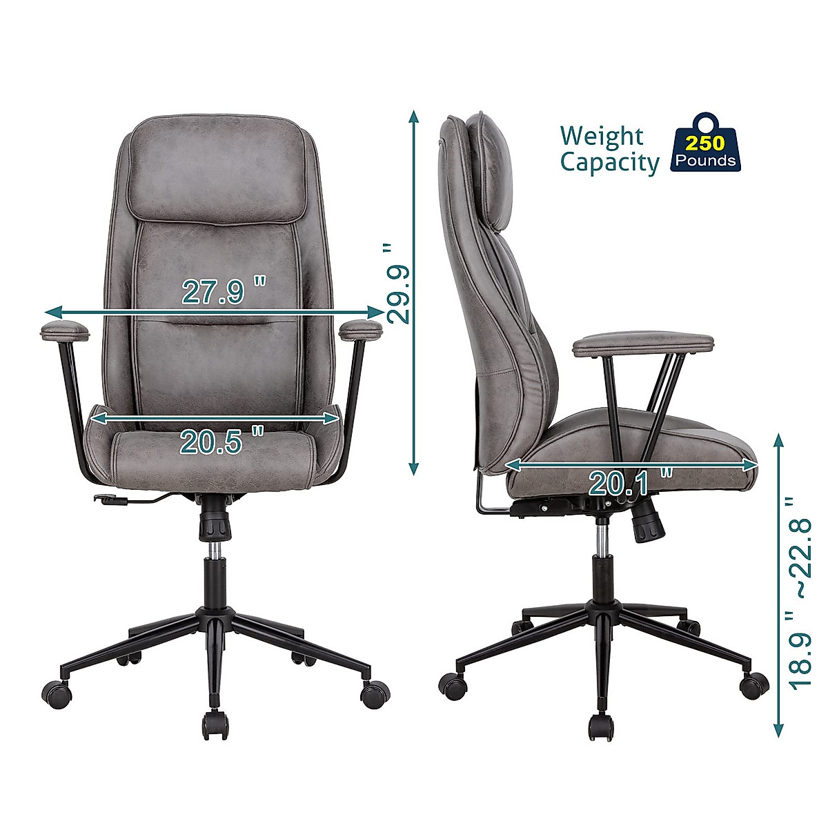 BOWTHY Modern Leather Office Chair,Ergonomic Home Office Desk Chair with Lumbar Support,High Back Swivel Rolling Task Computer Executive Chair,Comfy Conference Room Chairs,330lbs (Grey)