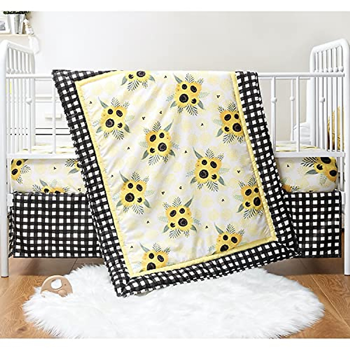 The Peanutshell Sunflower Crib Bedding Set for Baby Girls | 3 Piece Nursery Set | Crib Comforter, Fitted Crib Sheet, Dust Ruffle