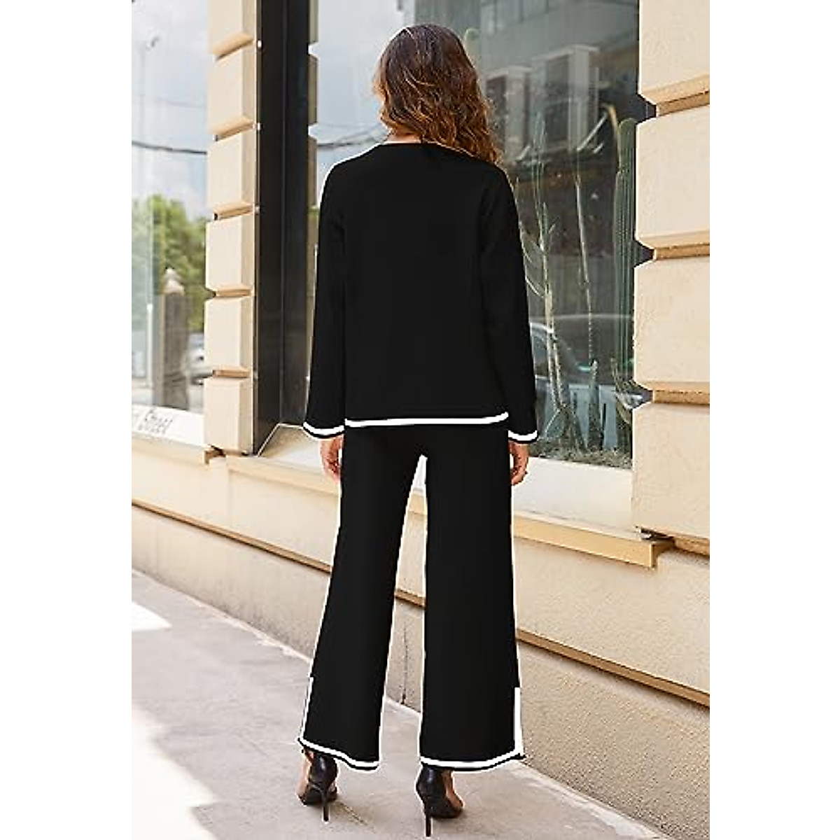 EsheSy Women's 2 Piece Outfits Sweater Sets Long Sleeve Knit Pullover Tops Wide Leg Pants Tracksuit Lounge Sets(Black-M)