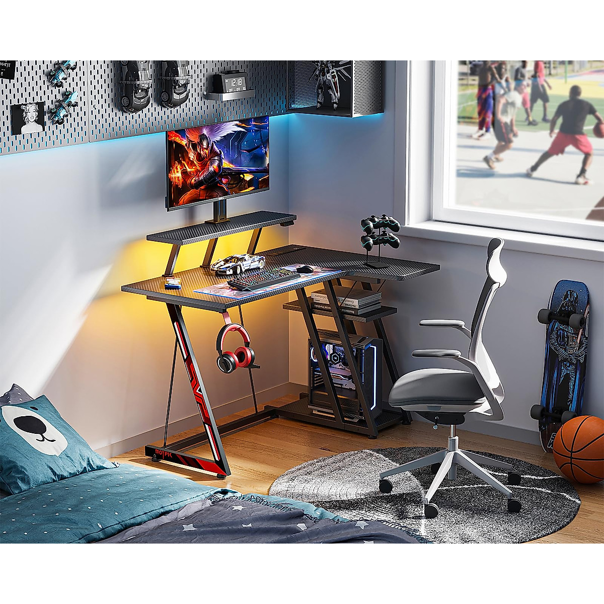 MOTPK Small Gaming Desk with LED Lights & Power Outlets, 39 Inch L Shaped Gaming Computer Desk with Storage Shelf, Gamer Desk with Monitor Stand, PC Gaming Table with Carbon Fiber Texture, Black