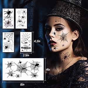 Halloween Makeup Face Temporary Tattoos - Halloween Spider Witch Costume for Women Kids Adults Men Web Stickers| Scary Black Fake Spiderweb Eye Body Tattoo Accessories Kit for Widow Props Party Decal