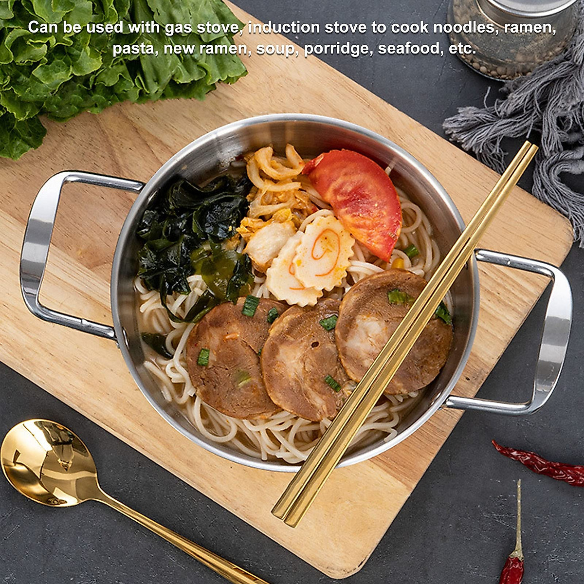 Ramen Pot, Binaural Korean Ramen Pot, Heating Evenly Noodle Pot, Stainless Steel Noodle Pot, Silver Ramen Cooker, Reusable Ramen Pot for Spaghetti Soup Porridge Noodle Seafood(22cm)