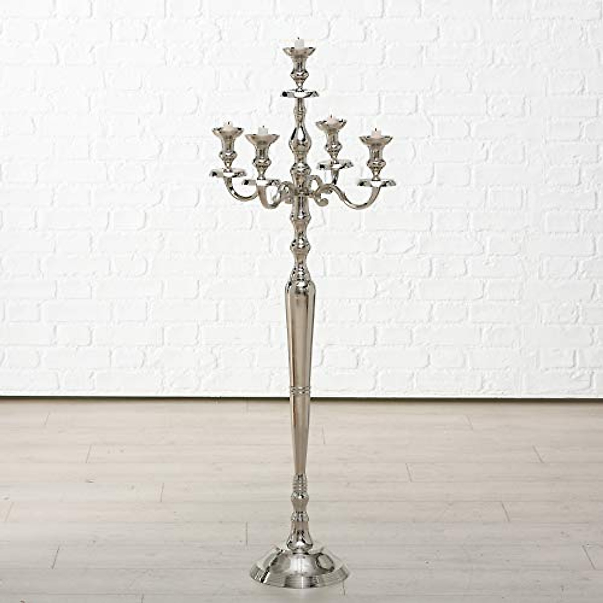 WHW Whole House Worlds Romantic Hamptons Oversized 5 (Five) Candle Silver Candelabra, Hand Crafted of Silver Aluminum Nickel, Over 3 FT High, (41.25 Inches) Free Standing Floor Unit