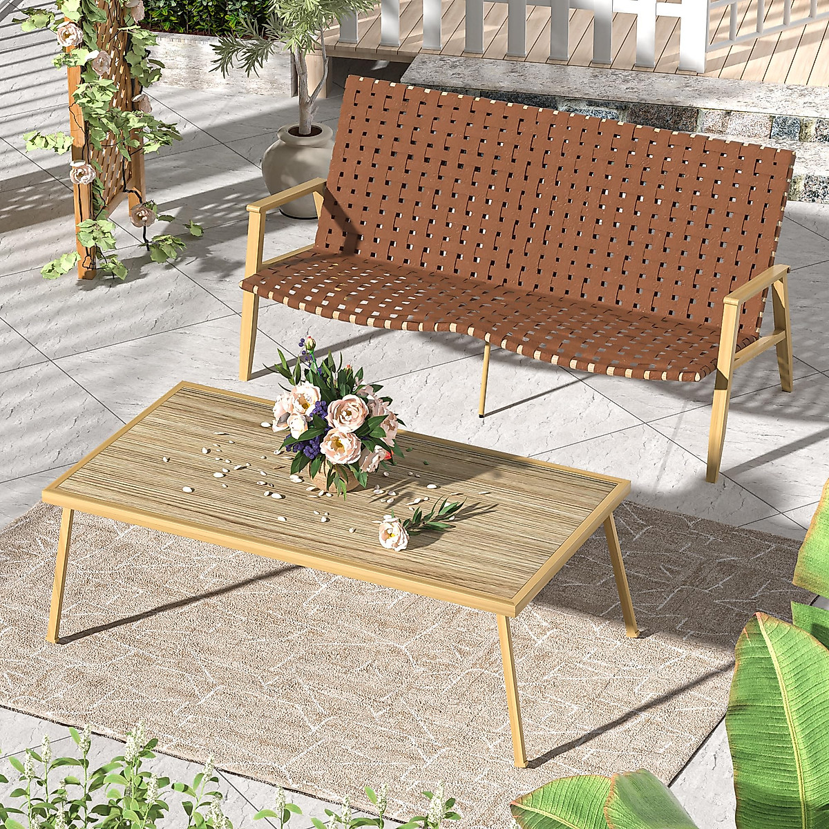 COMLAX FIELD 2 Piece Patio Furniture Set, Leather-Look Patio Loveseat, Outdoor Furniture Set with Coffee Table for Balcony Backyard Park Garden