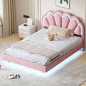 Merax Luxury Full Bed Frame, Upholstered Platform Bed with Velvet Headboard and Led Light/Mattress Foundation/Easy Assembly, Pink