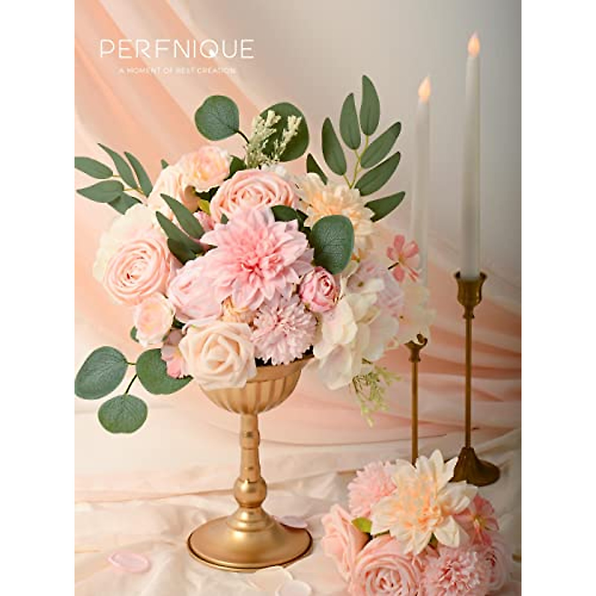 PERFNIQUE Pink Artificial Flowers Combo Box, Set of 47pcs Faux Flowers, Fake Floral Arrangements for DIY Wedding Bouquets Centerpieces with Roses, Baby Shower Party Home Decorations(Peach Pink)