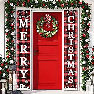 Merry Christmas Door Banners Porch Sign Hanging Banner Flag for Christmas Home Wall Indoor Outdoor Christmas Party Decorations