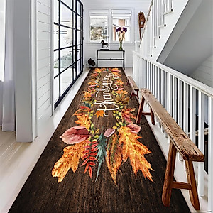 Brown Thanksgiving Indoor Rug, 2x6ft, Happy Fall Autumn Leaves Wreath Hallway Carpet, Low Pile Shed Resistant Kitchen Mat, Breathable Washable Non-Slip Throw Rugs for Entryway Porch
