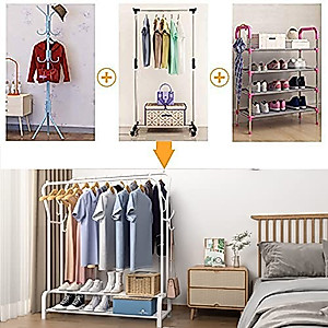 ACCSTORE Garment Rack Drying Rack Freestanding Hanger Double Rails Bedroom Clothing Rack with 2-Tier Lower Storage Shelf,White