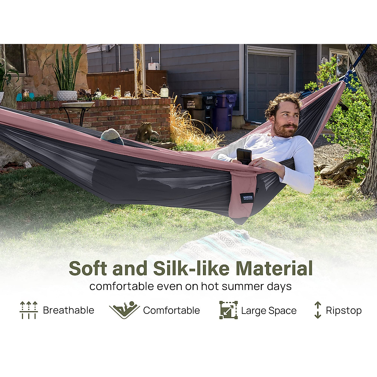 Kootek Camping Hammock Single Portable Hammocks Camping Accessories for Outdoor, Indoor, Backpacking, Travel, Beach, Backyard, Patio, Hiking, Charcoal Rose