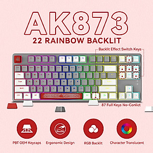 Magic-Refiner AK873 Gaming Keyboard,Rainbow Led Backlit,Hot-Swappable Linear Red Switch,PBT Keycap,75% TKL Layout,Ergonomic Mechanical Keyboard with Custom Coiled USB/Type-C Aviation Cable(White Grey)