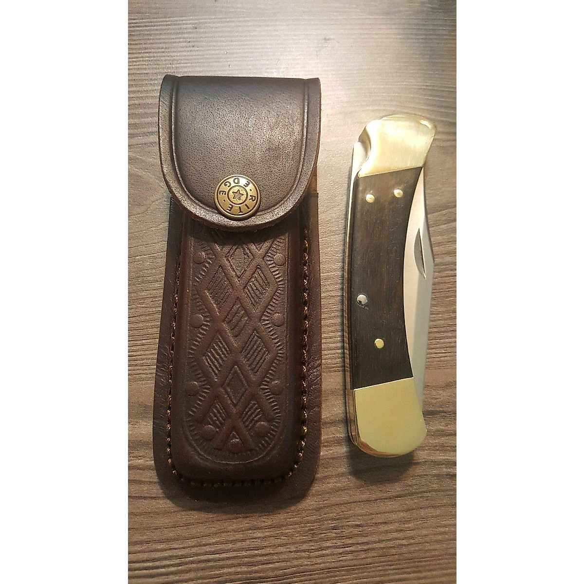 Brown Textured Leather Knife Sheath - Holds a Buck 110. 5" Case. Antique Snap