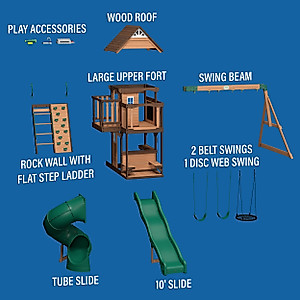 Backyard Discovery, Cedar Cove Wood Swing Set, Playground Fort, Chalkboard, Telescope, Dual Slide, Kitchenette, Wide Swing Lanes, 5ft Rock Wall, Step Ladder