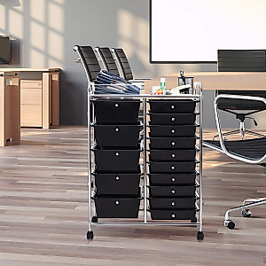 RELAX4LIFE Storage Drawer Carts W/15-Drawer,Rolling Wheels Semi-Transparent Multipurpose Mobile Rolling Utility Cart for School, Office, Home, Beauty Salon Storage Organizer Cart (Black)